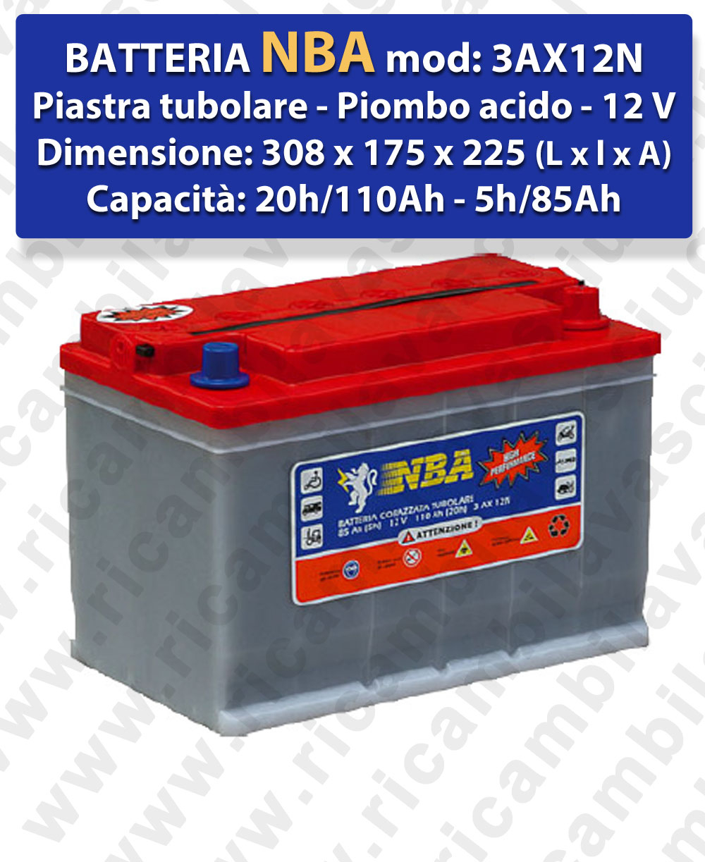 BATTERIA PIOMBO ACIDO 3AX12N NBA con piastra tubolare – 12V (1200 cicli ...